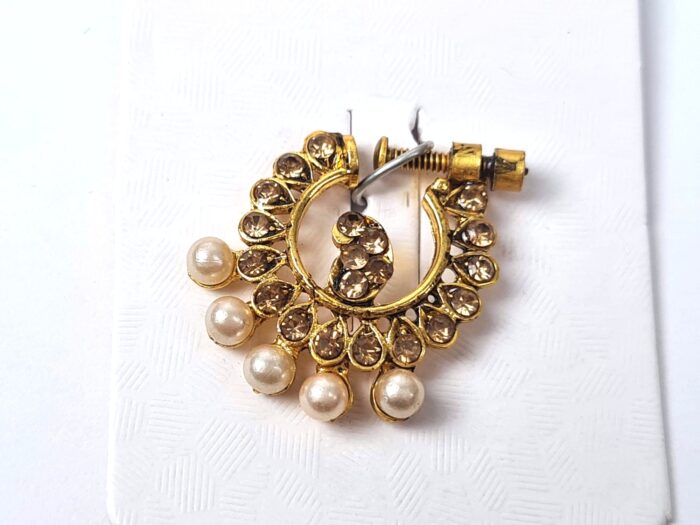 Piercing Maharathi dourado com pedras claras e pérolas – Bazar Indiano