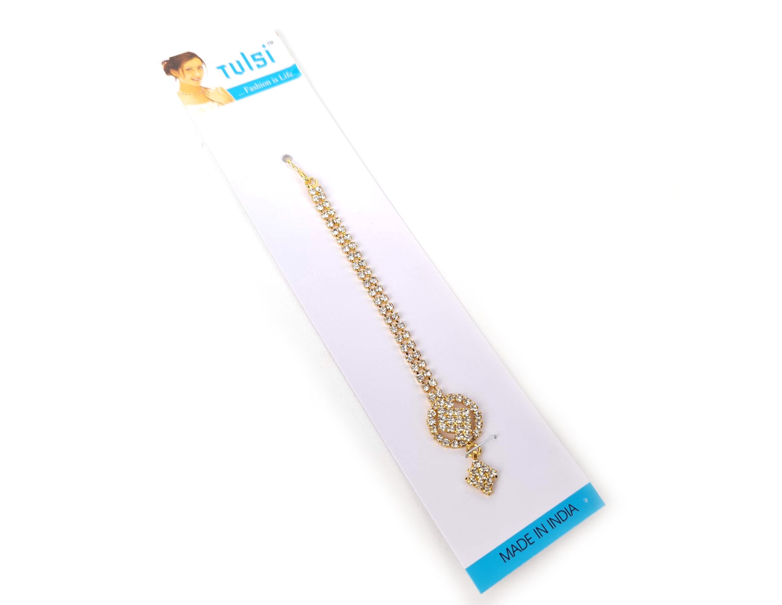 Tikka joia indiana de testa dourado e strass – Bazar Indiano